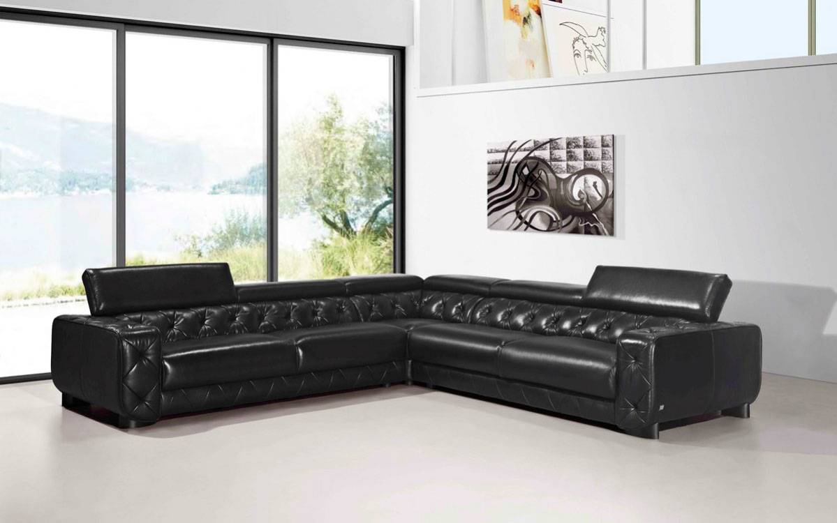 Large Contemporary Black Tufted Genuine Leather Sectional Sofa Large Contemporary Black Tufted Genuine Leather Sectional Sofa